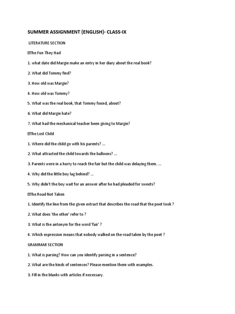 Summer Assignment (English) - Class-Ix | PDF