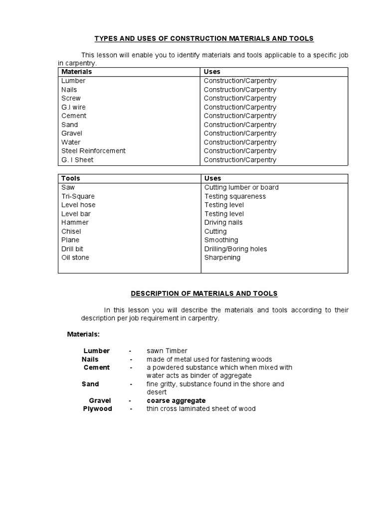 Types and Uses of Construction Materials and Tools | PDF | Foot (Unit ...