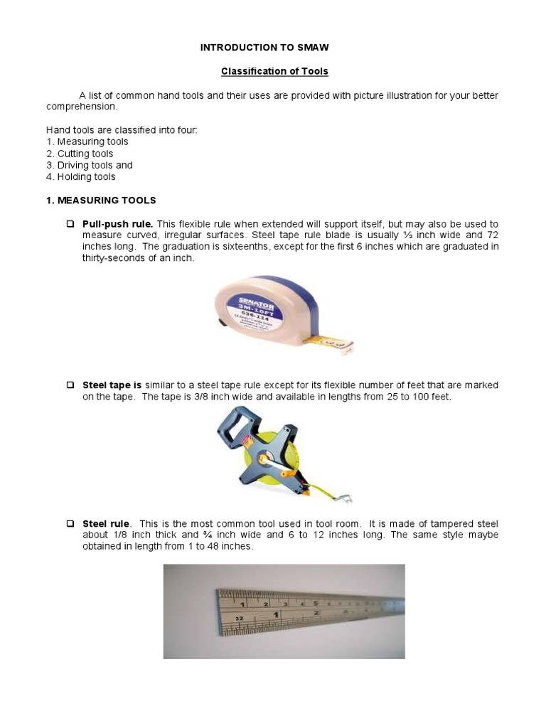 Introduction To Smaw Classification of Tools | PDF | Welding | Construction