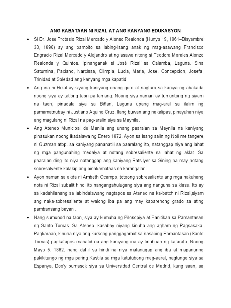Ang Kabataan Ni Rizal at Ang Kanyang Edukasyon | PDF