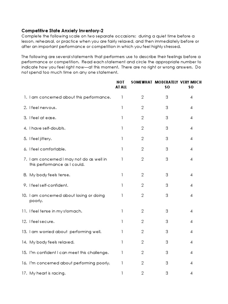 Competitive State Anxiety Inventory-2 | PDF | Anxiety | Cognition