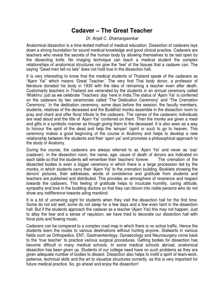 Cadaver The Great Teacher | PDF | Cadaver