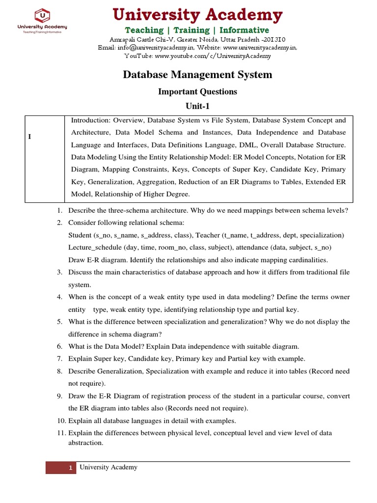 Database Management System: Important Questions Unit-1 | PDF ...