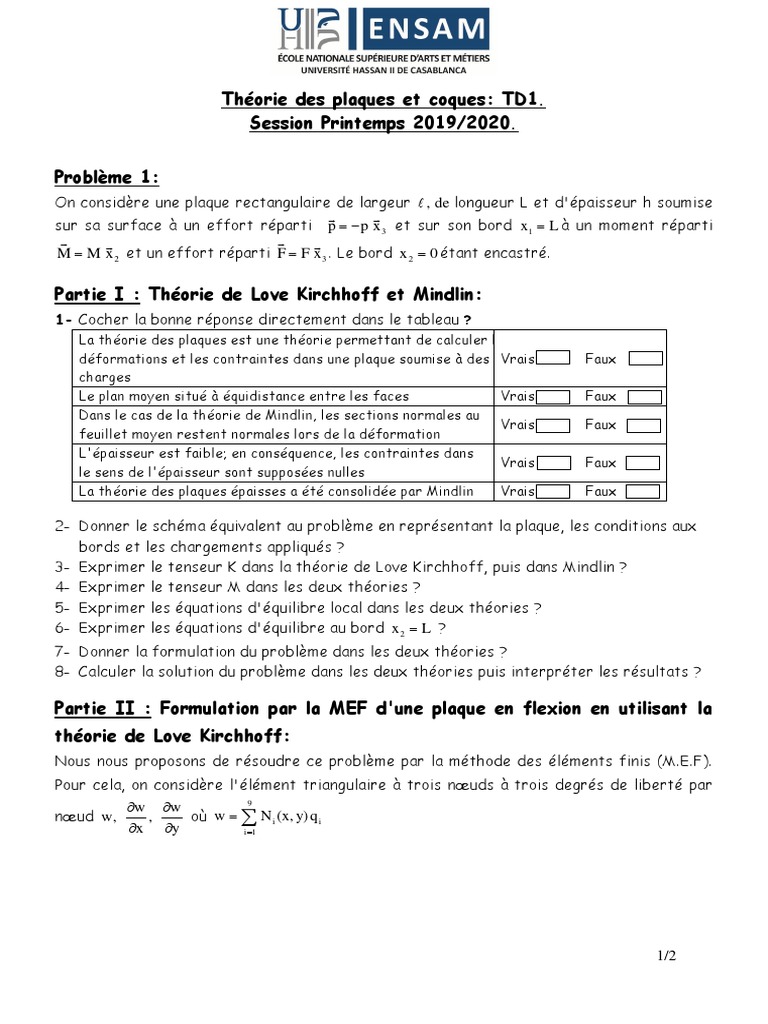 Théorie Des Plaques Et Coques - TD1 | PDF | Physique appliquée et interdisciplinaire ...