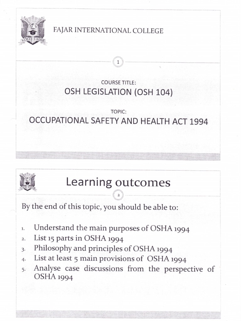 Chapter 9: OSHA 1994 | PDF | Occupational Safety And Health | Employment
