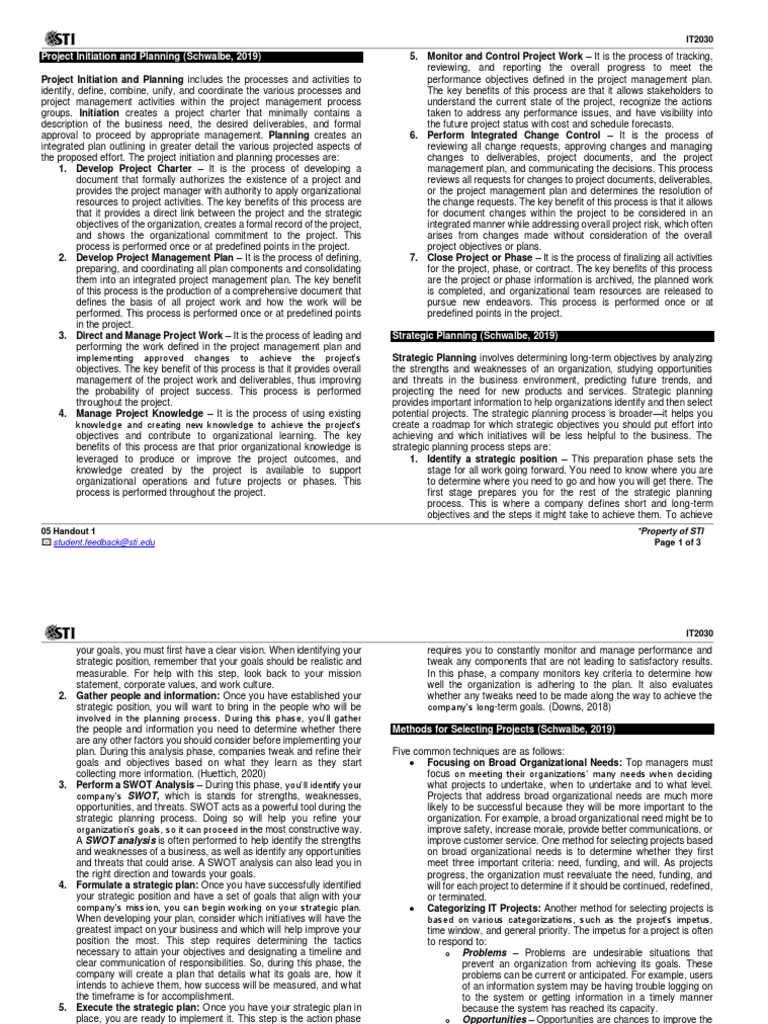 Project Initiation and Planning (Schwalbe, 2019) : Student - Feedback@sti - Edu | PDF | Swot ...