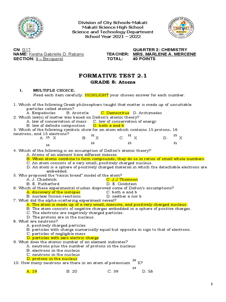 Formative Test 2.1: GRADE 8: Atoms | PDF | Atoms | Proton