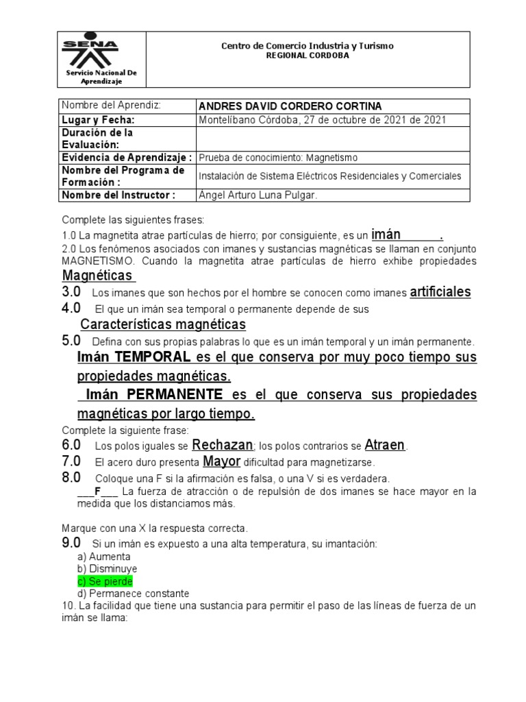 PRUEBA DE CONOCIMIENTO-Magnetismo | PDF | Imán | Magnetismo