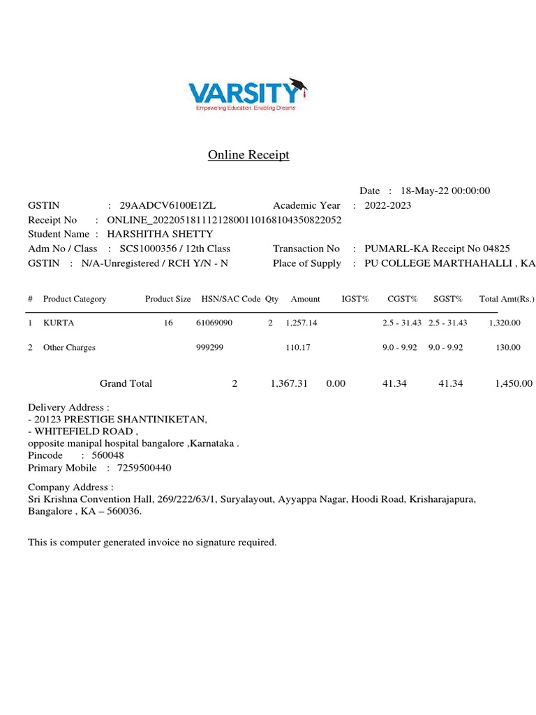 Online Receipt: # Product Category Product Size HSN/SAC Code Qty Amount ...