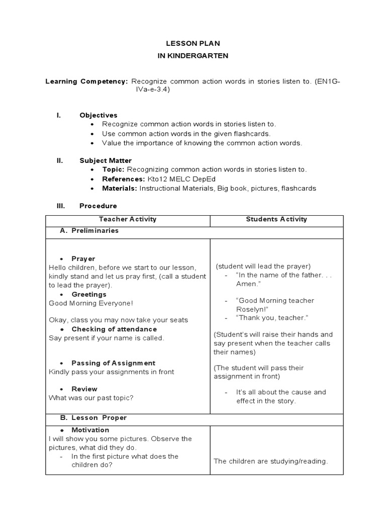Lesson Plan in Kindergarten: Teacher Activity Students Activity A ...