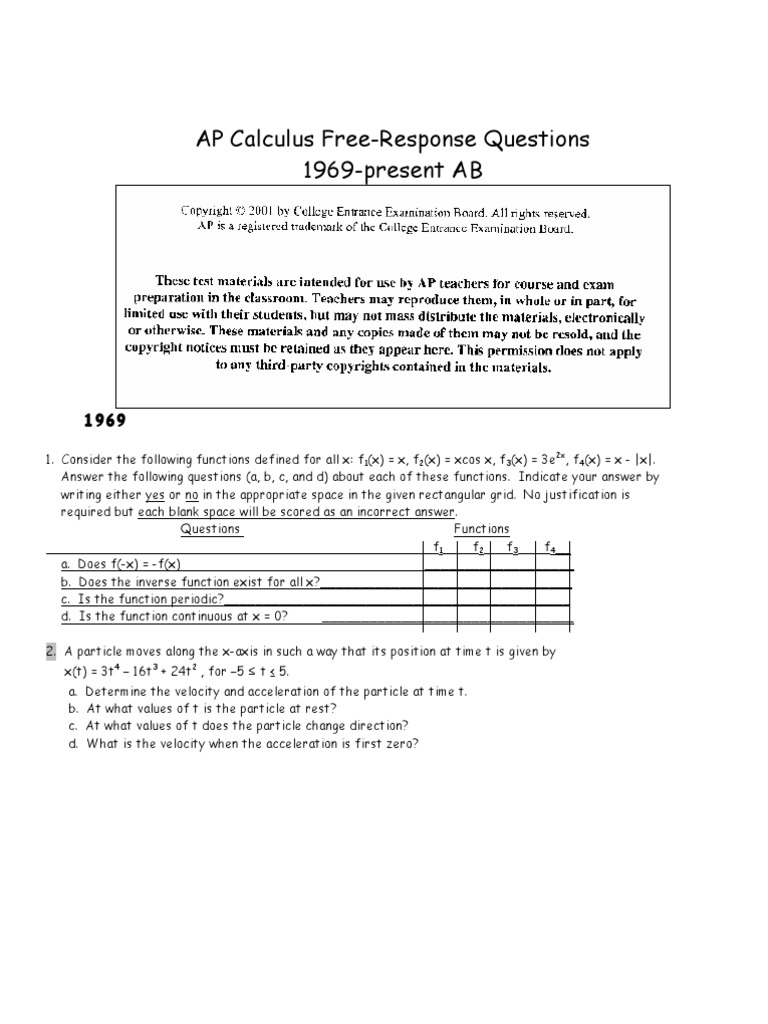 AP Calc Free Response 1969-Present | PDF | Derivative | Function (Mathematics)