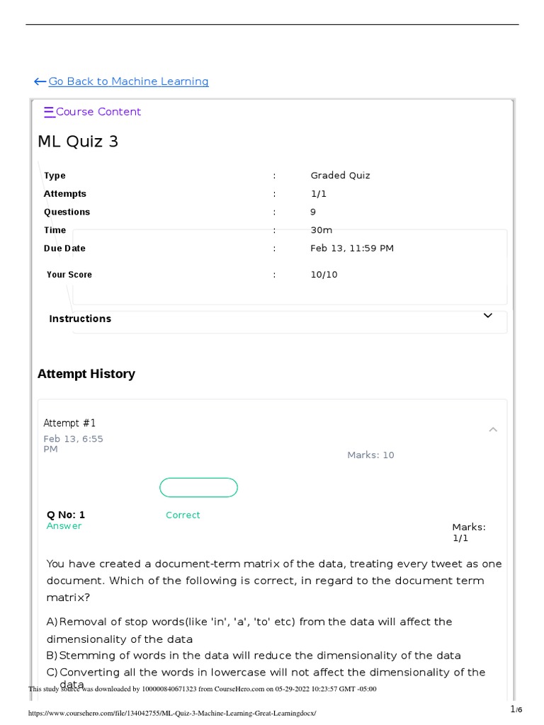 ML Quiz 3 Machine Learning Great Learning | PDF
