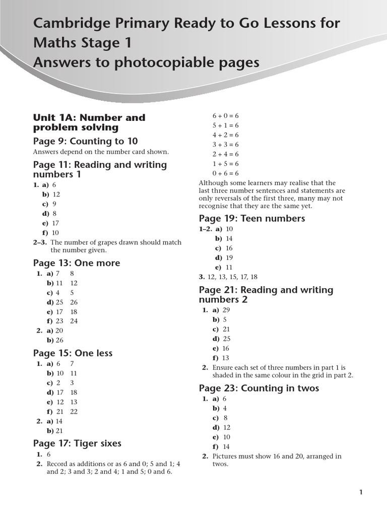 Cambridge Primary Ready To Go Lessons For Maths Stage 1 Answers To ...