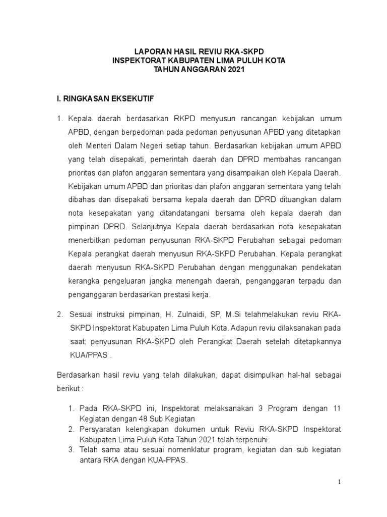 Laporan Reviu RKA-SKPD 2021 | PDF