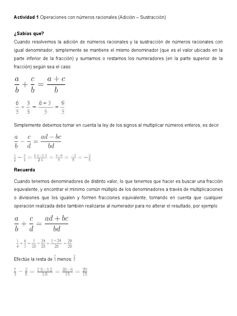 Actividad 1 Operaciones Con Números Racionales | PDF | Número racional ...