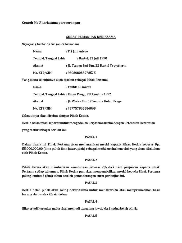 Contoh MoU Kerjasama Perseorangan | PDF