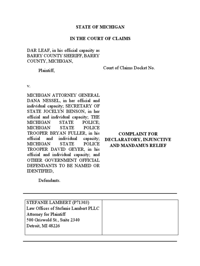 Barry Co., Mi Sheriff Dar Leaf Complaint For Declaratory, Mandamus and Injunctive Relief and ...