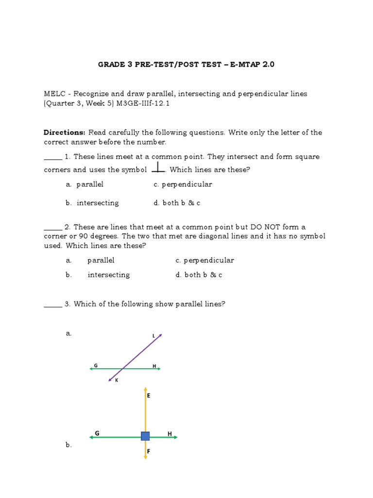 Grade 3 Math Pre-Test on Lines | PDF | Language Arts & Discipline ...