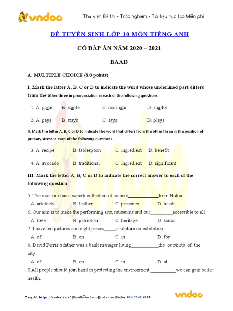 De Thi Thu Vao Lop 10 Mon Tieng Anh Nam 2020 2021 So 14 | PDF