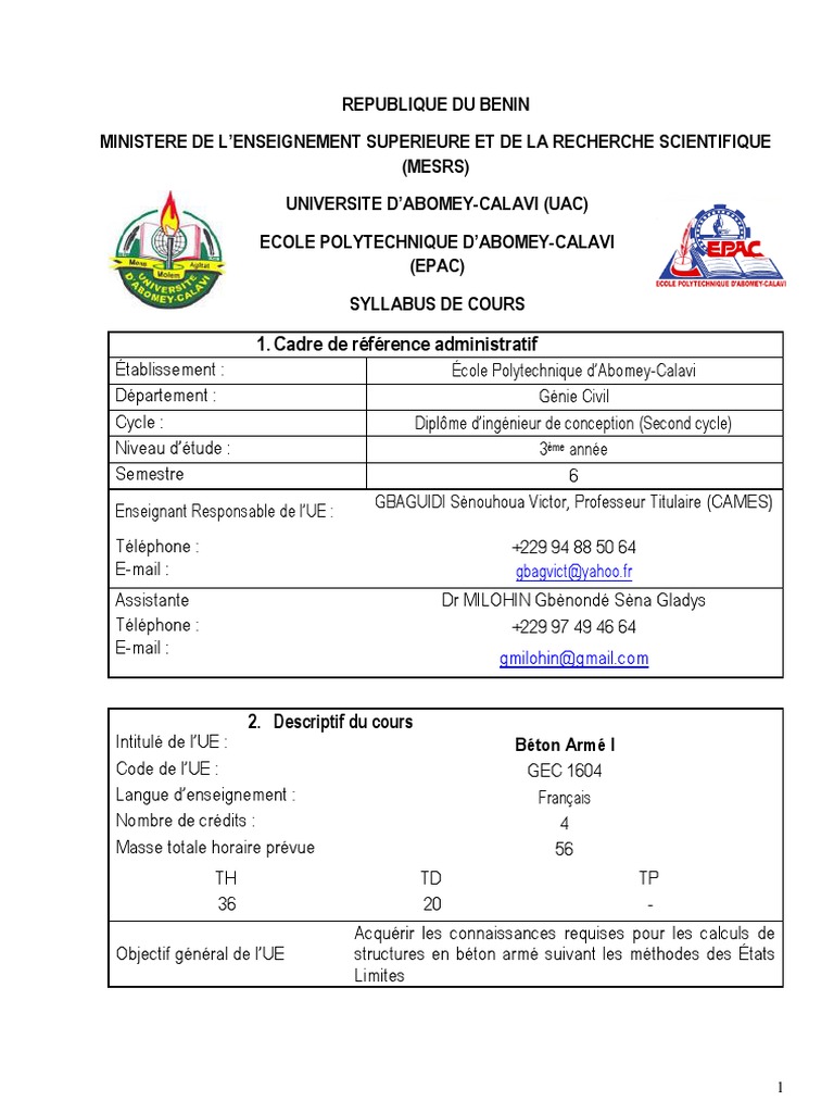 Syllabus de Cours BA I GC3 EPAC UAC 2022 | PDF