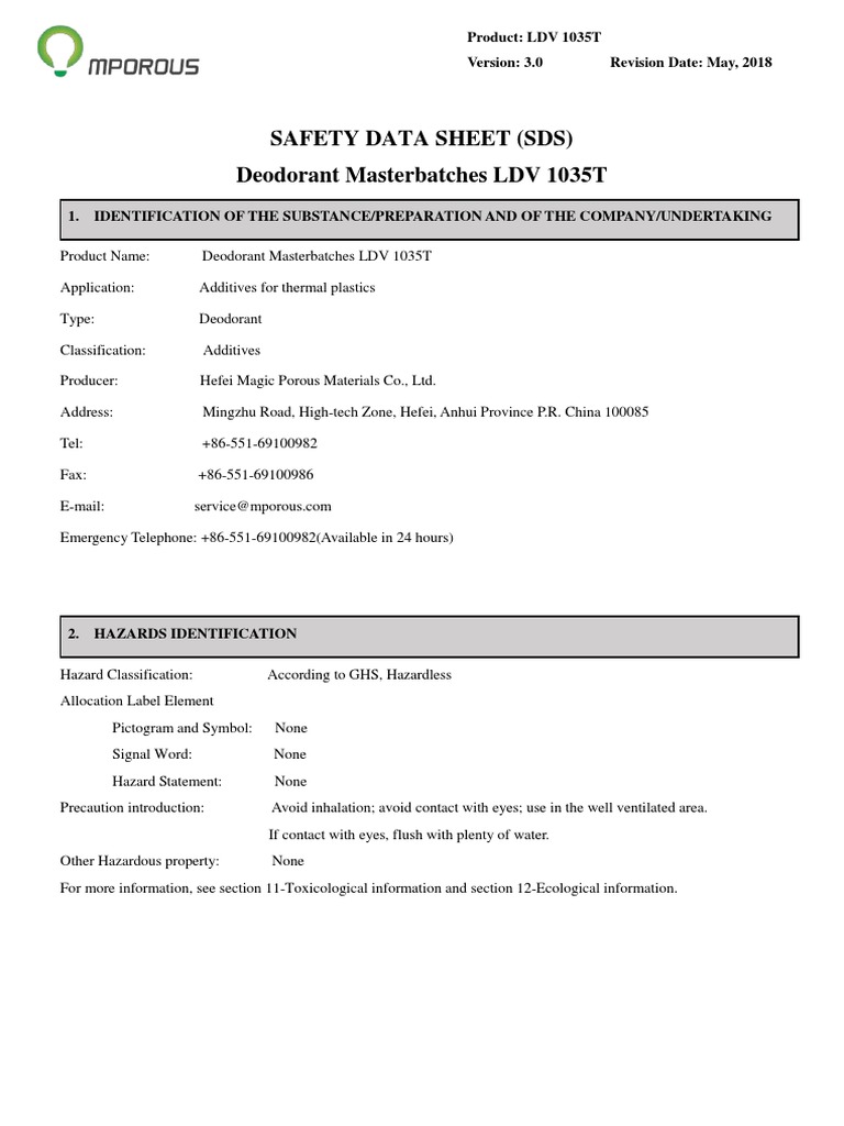 Safety Data Sheet (SDS) Deodorant Masterbatches LDV 1035T | PDF ...
