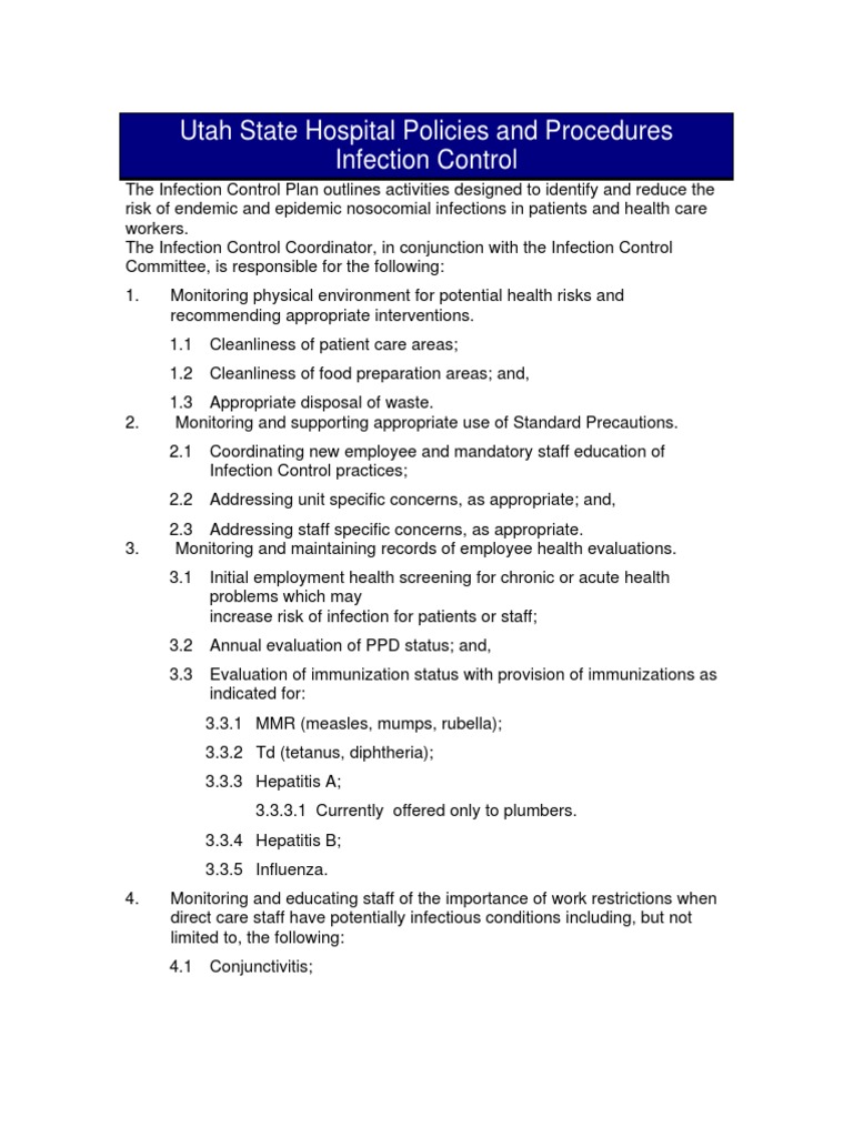 Utah State Hospital Policies and Procedures Infection Control | PDF ...