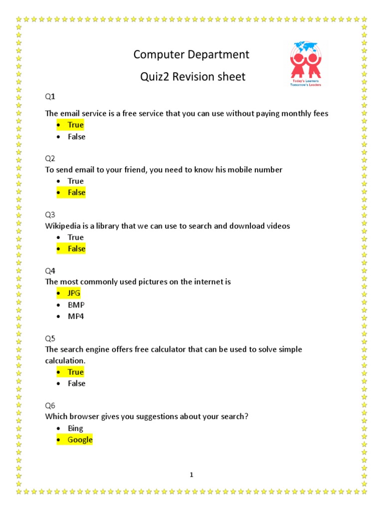 Computer Department Quiz2 Revision Sheet | PDF