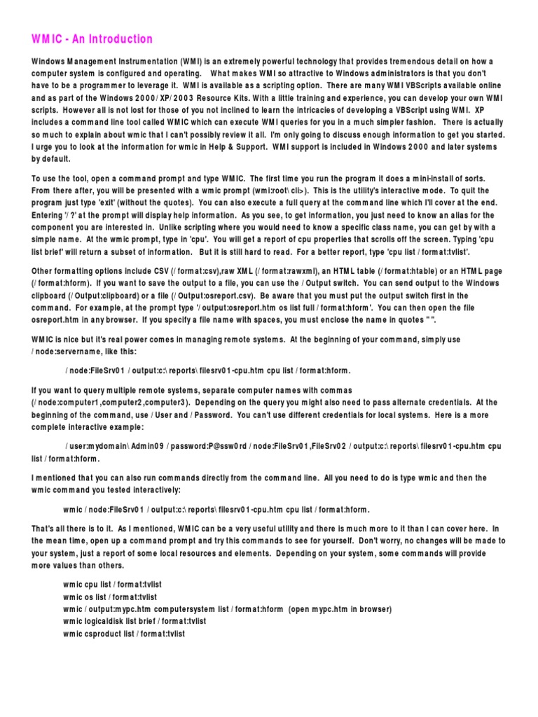 WMIC Introduction PDF File Format Comma Separated Values