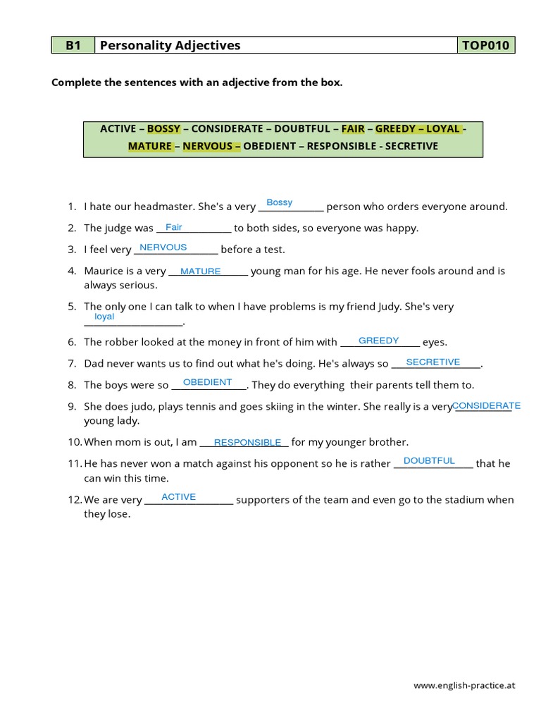 B1 Personality Adjectives Worksheet | PDF | Self-Improvement
