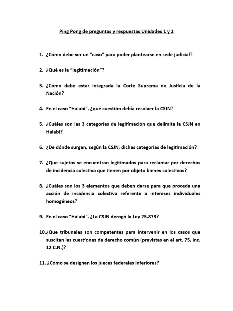 Ping Pong de Preguntas y Respuestas Unidades 1 y 2 para Enviar | PDF