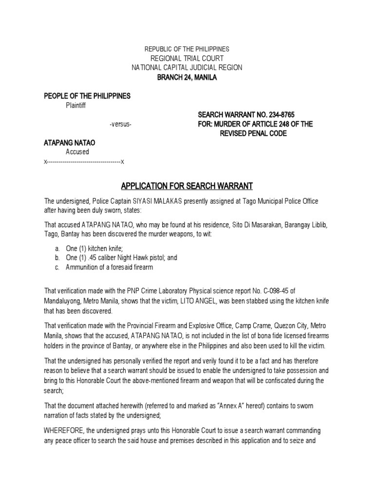 Application For Search Warrant | PDF | Search Warrant | Metro Manila