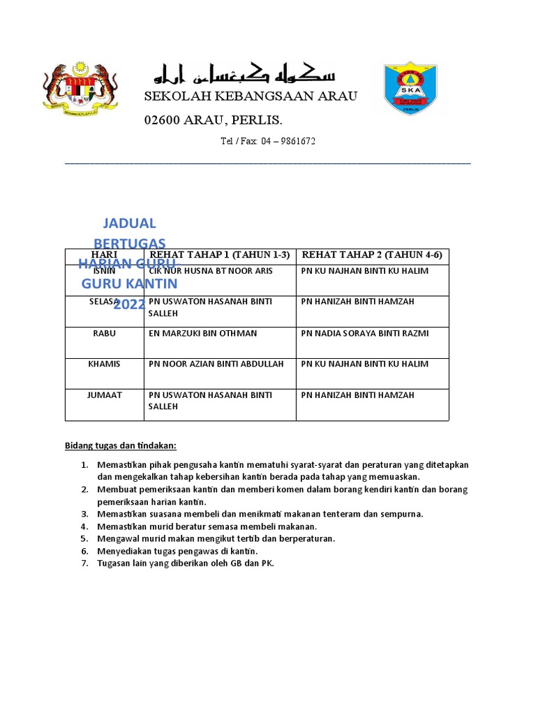 Jadual Bertugas Guru Kantin 2022 | PDF