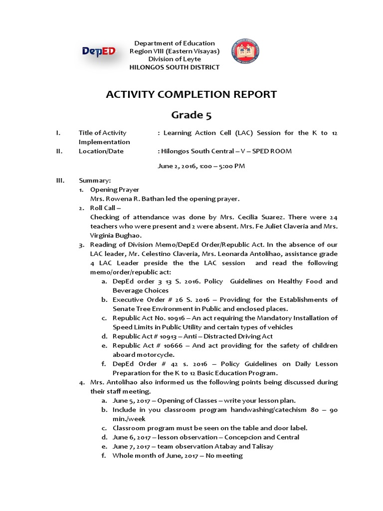 Activity Completion Report Grade 5: Hilongos South District | PDF