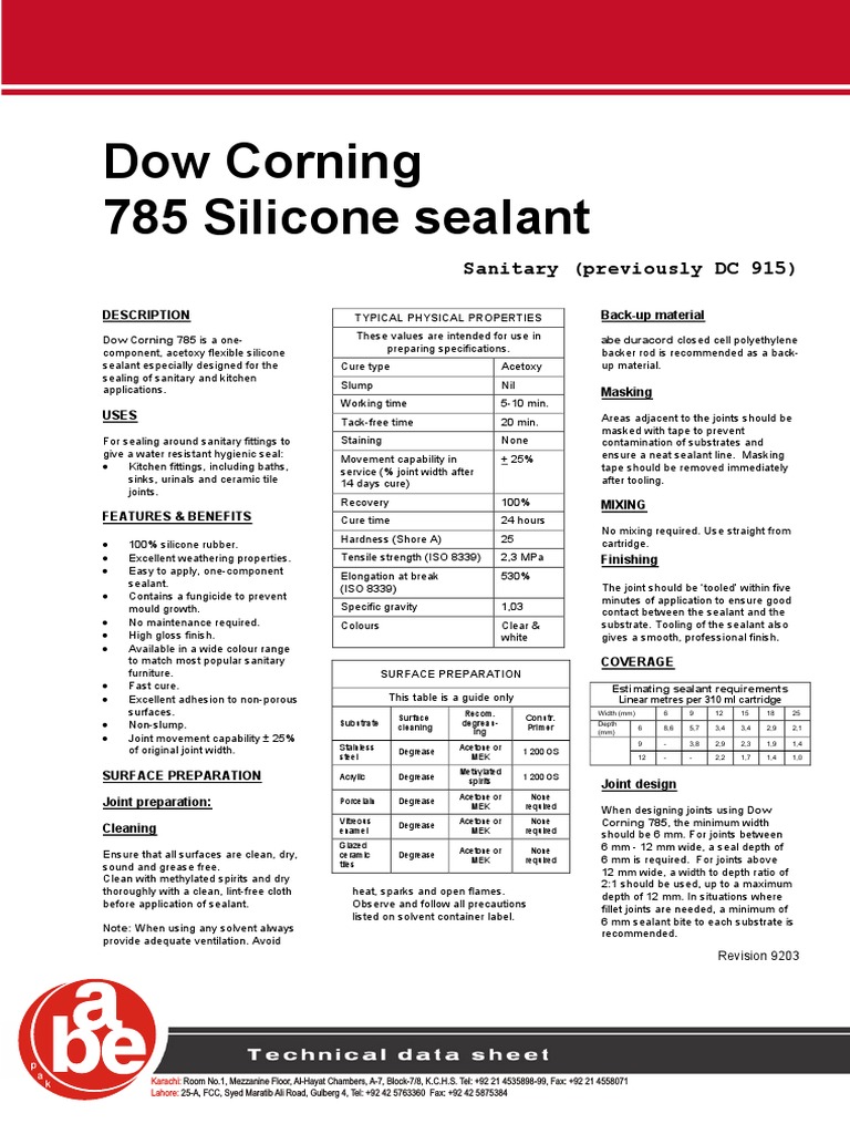 Dow Corning 785 Silicone Sealant: Sanitary (Previously DC 915 ...