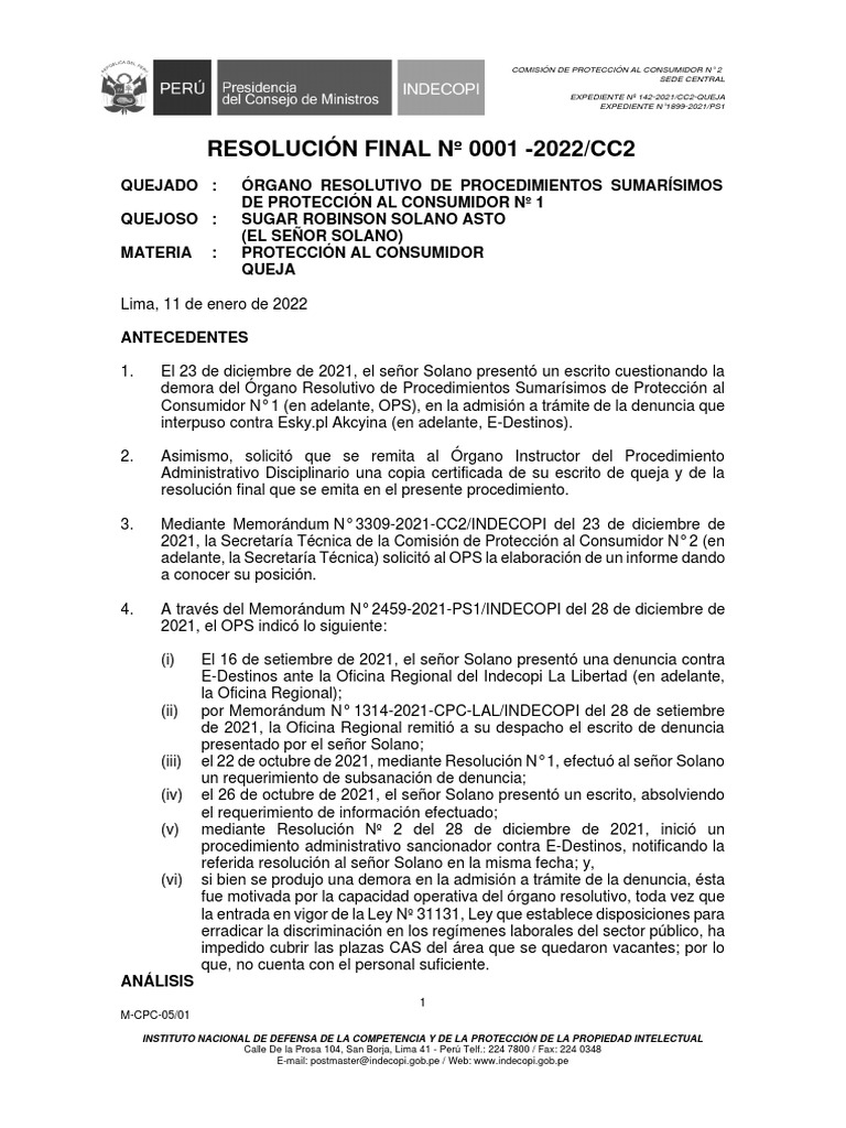 Resolución Final #0001 - 2022/CC2 | Descargar gratis PDF | Protección al Consumidor | Ley Pública