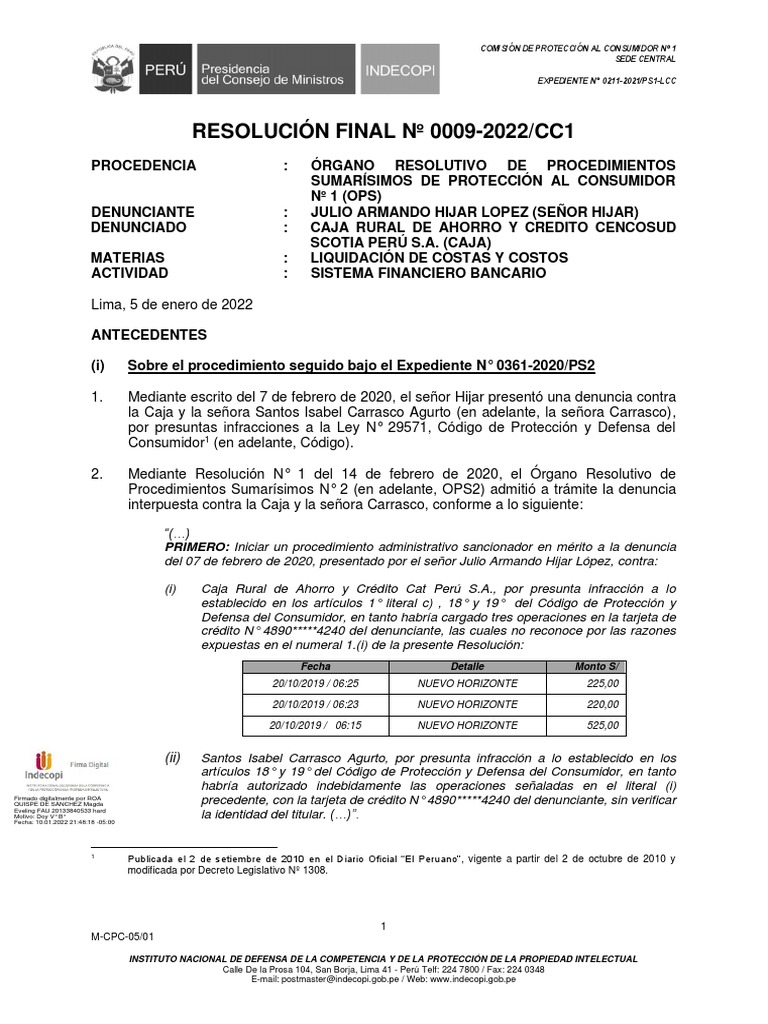 Resolución Final #0009-2022/CC1 | PDF | Protección al Consumidor | Los consumidores