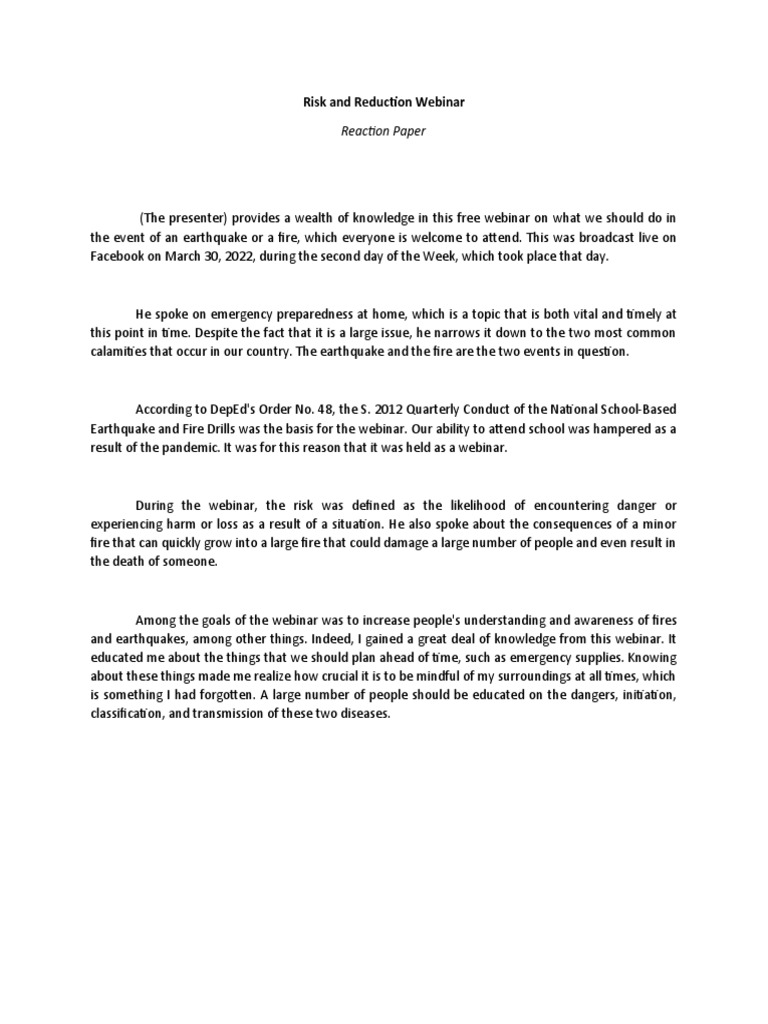 Risk and Reduction Webinar: Reaction Paper | PDF | Social Science