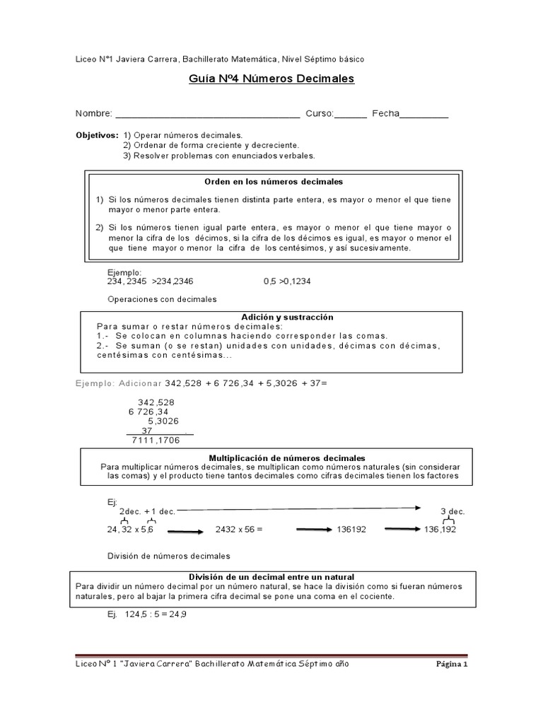 Guia 4 Matemática Números Decimales | PDF