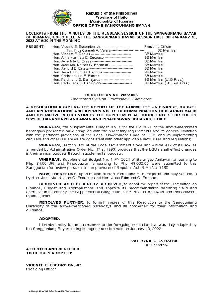 Resolution No. 2022-005 Supplemental Budget Anilawan | PDF | Government ...