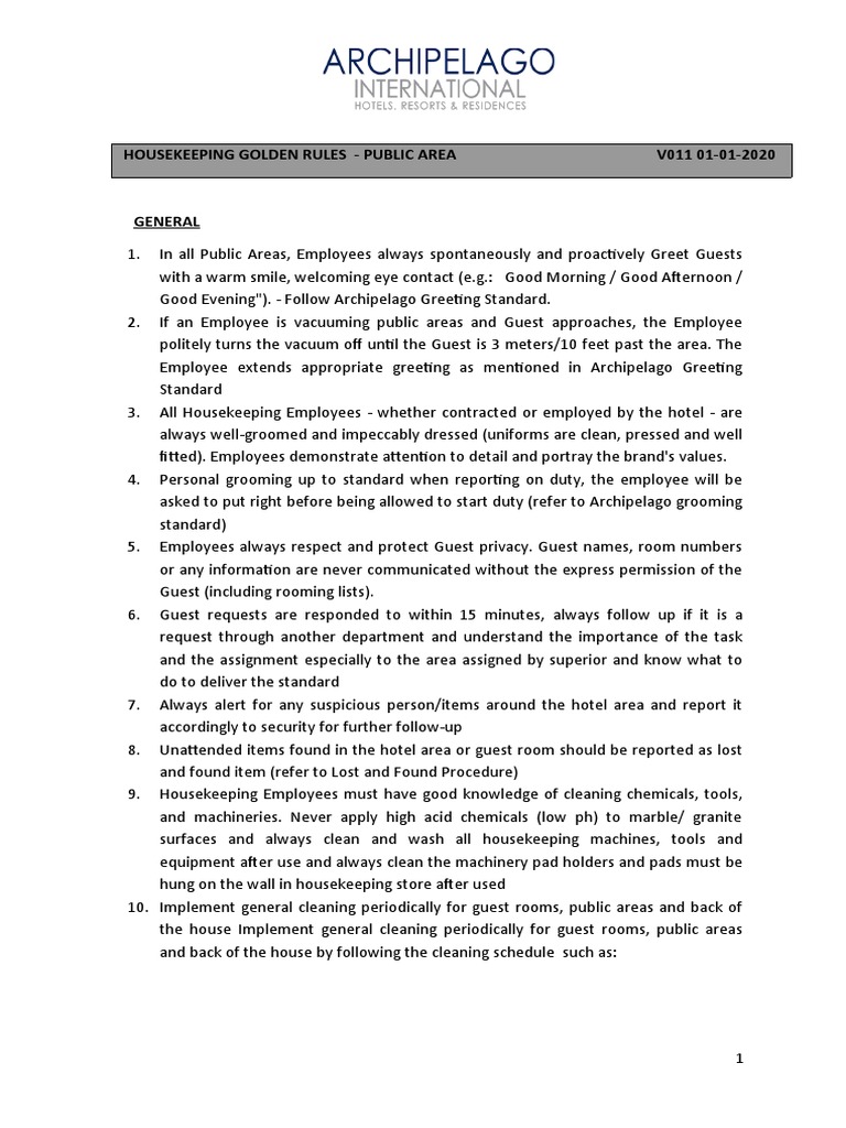 Housekeeping Golden Rules Overview | PDF | Public Toilet | Housekeeping