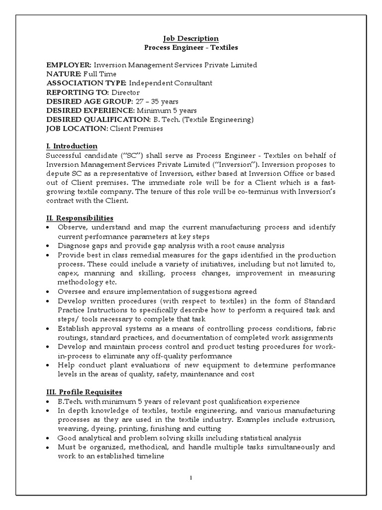 Job Description - Process Engineer (Textiles) | PDF | Textiles | Engineering