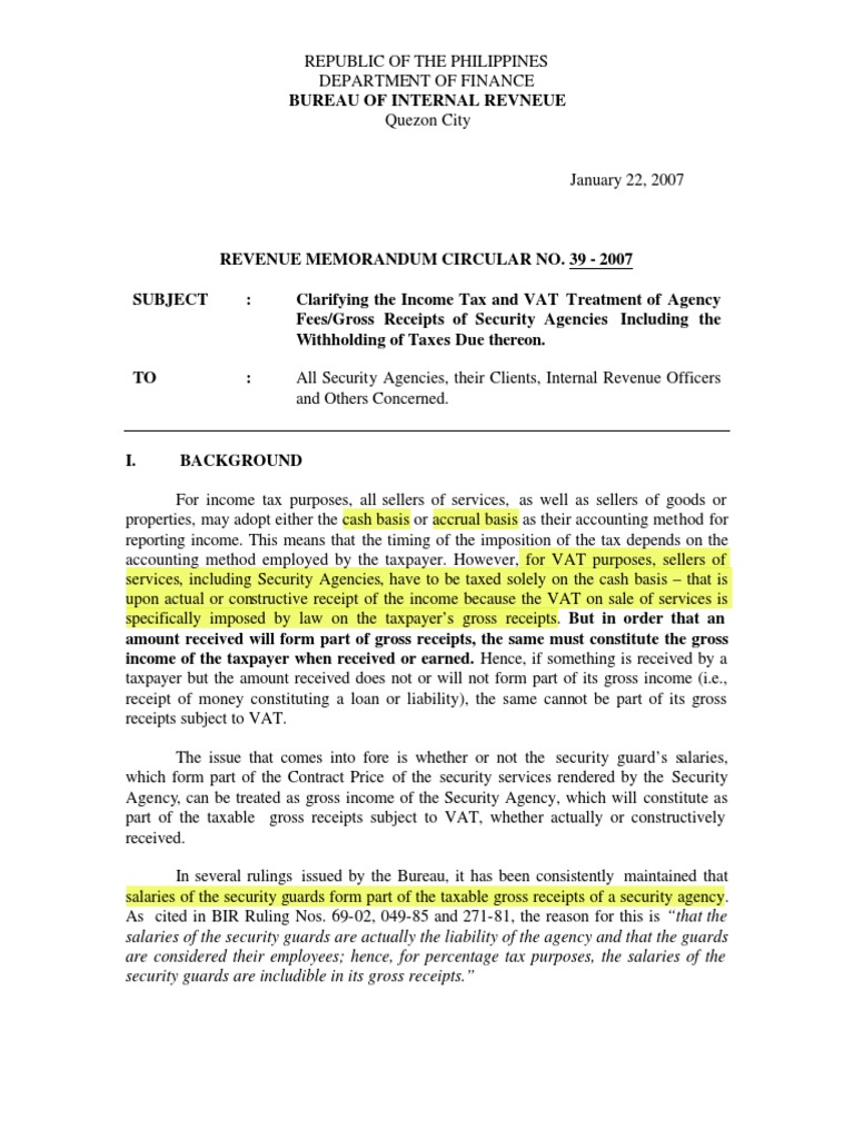 Revenue Memorandum Circular No. 39-2007 | PDF