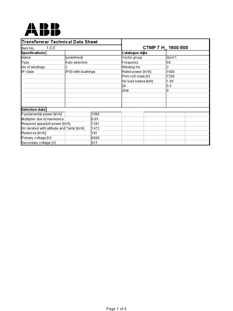 Transformer Technical Data Sheet CTMP 7 H - 1600-500: Speed 1.0.0 ...