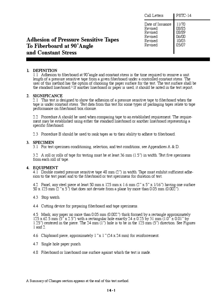 PSTC-14 - Adhesion of Pressure Sensitive Tapes To Fiberboard at 90 ...