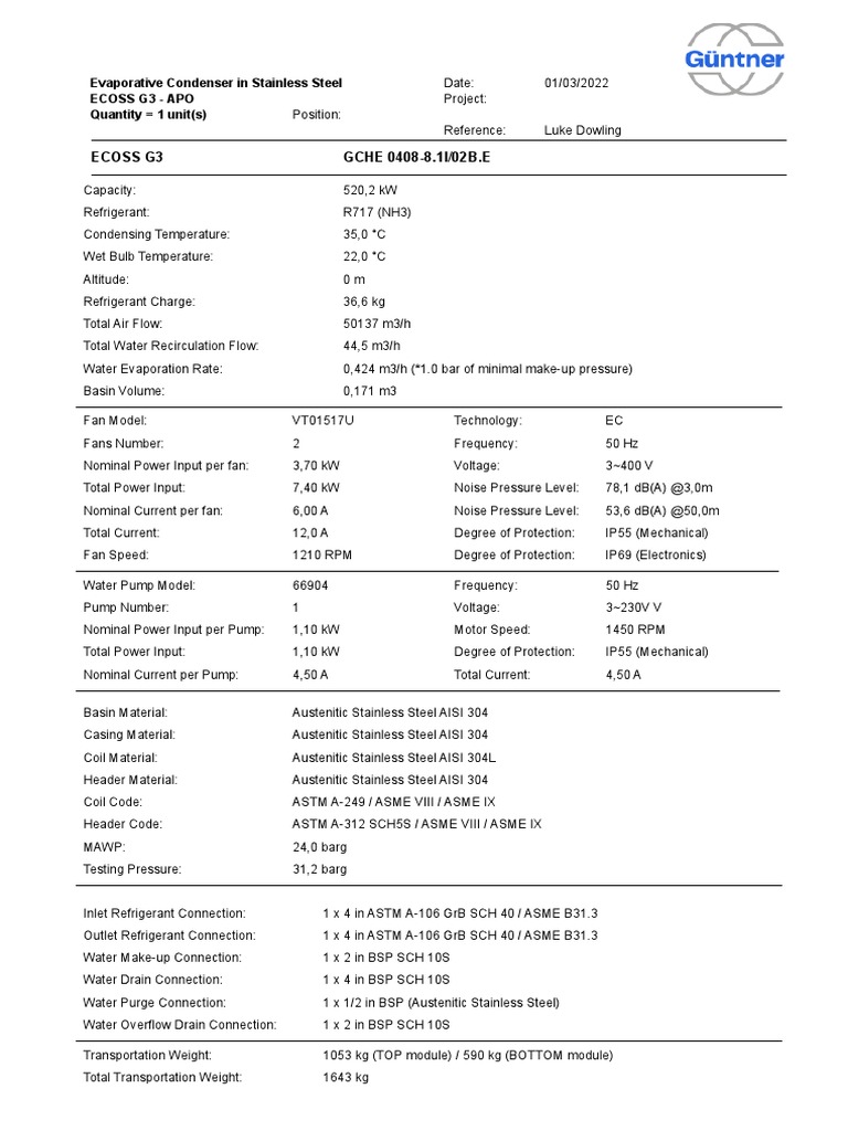 Ecoss G3 GCHE 0408-8.1I/02B.E: Evaporative Condenser in Stainless Steel ...