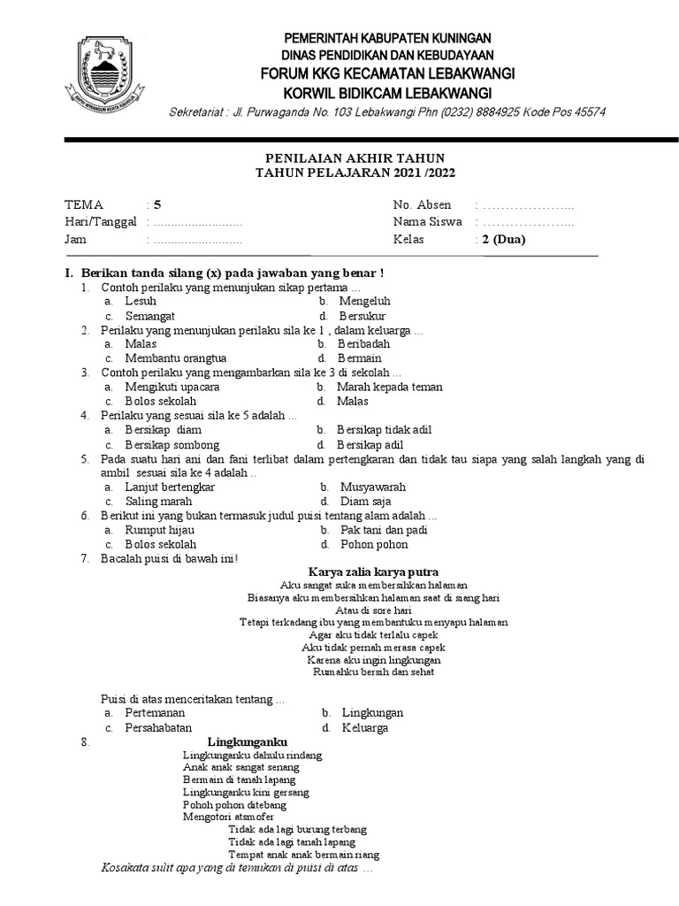 Soal PAT Kelas 2 Tema 5 TP. 21-22 | PDF