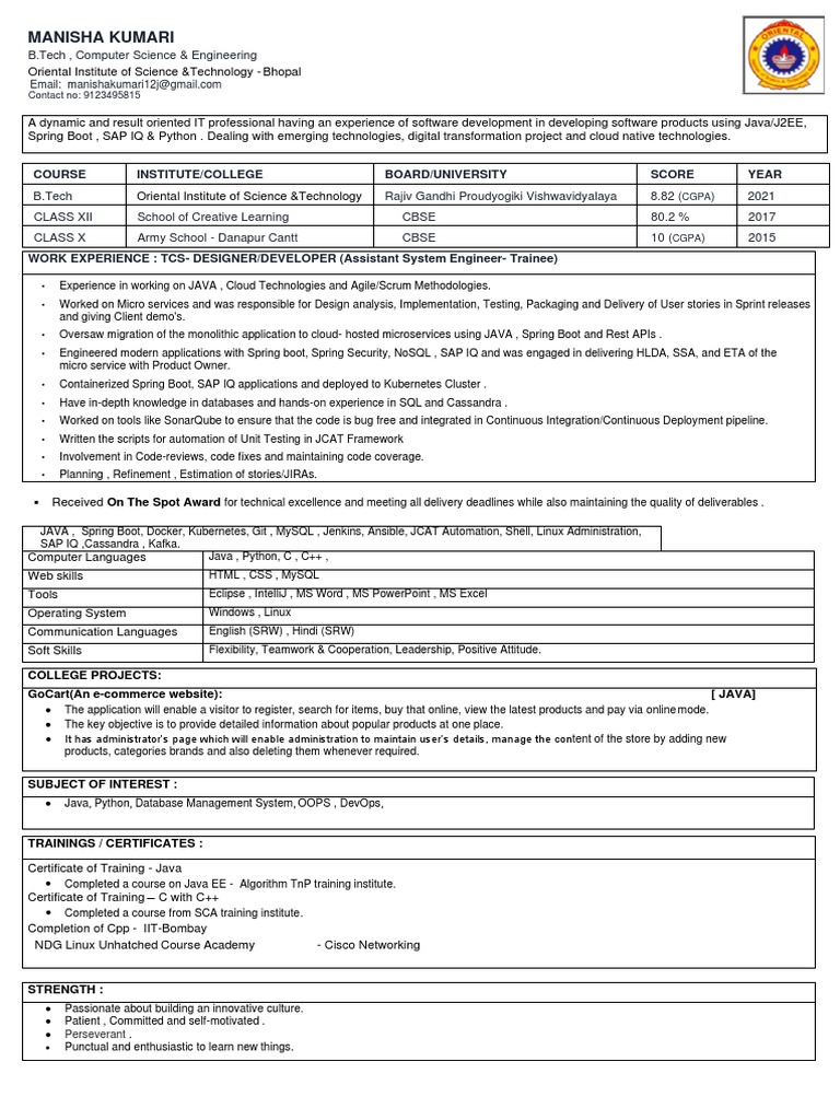 Resume Manisha | PDF | Spring Framework | Cloud Computing