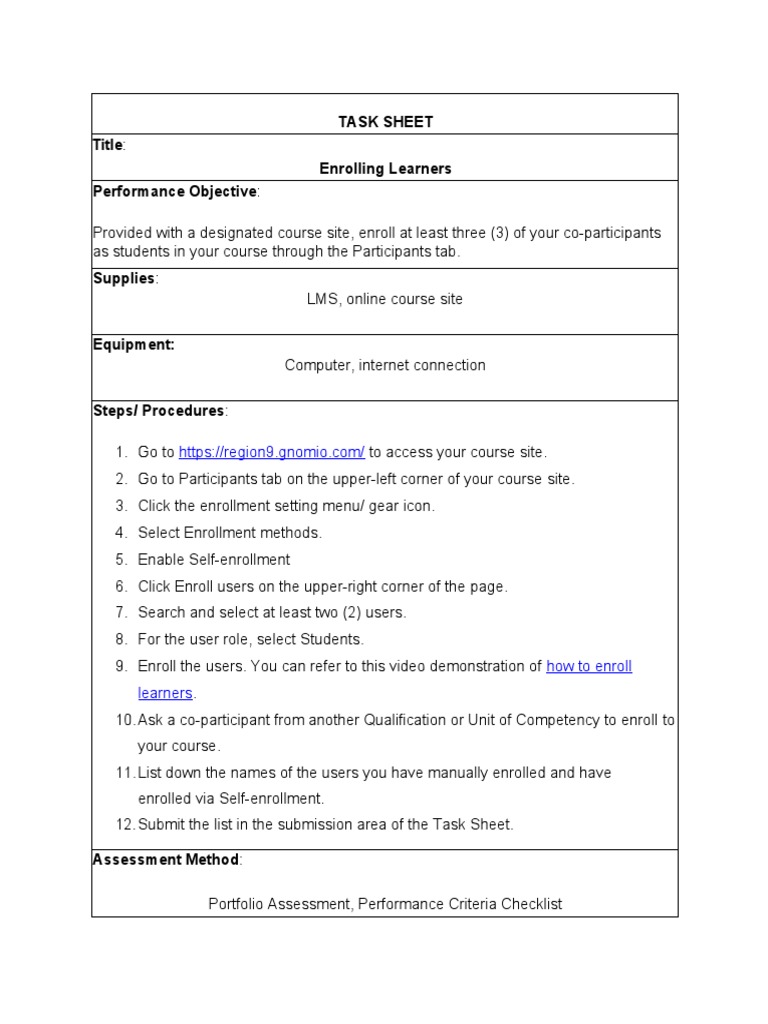 Task Sheet Title: Enrolling Learners Performance Objective | PDF ...