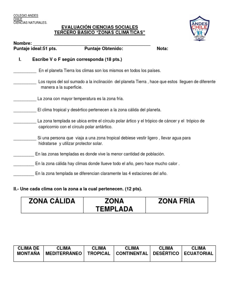 PRUEBA ZONAS CLIMÁTICAS 3° Basico | PDF | Clima | Zona tropical