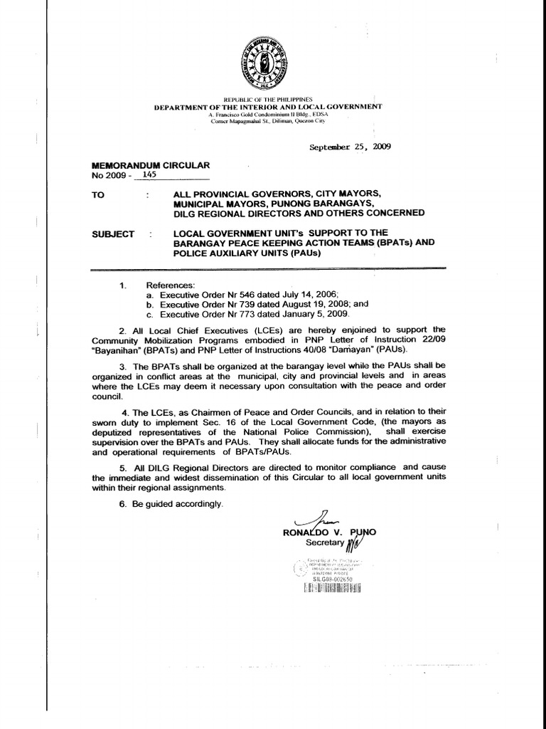 DILG MC 2009-145 Directing LCEs To Support The BPATs and PAUs | PDF